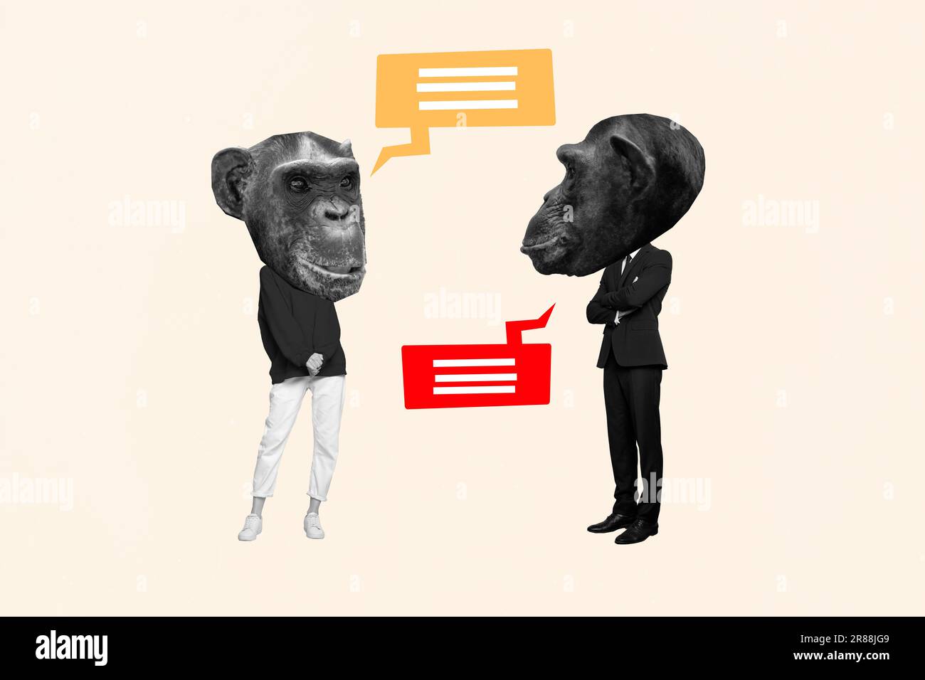 Cartoon sketch collage picture of funny chimp monkey head workers ...