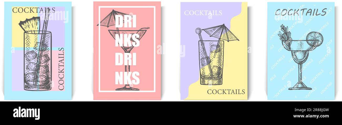 cartoon style collection of cocktails menu templates, hand drawn on ...