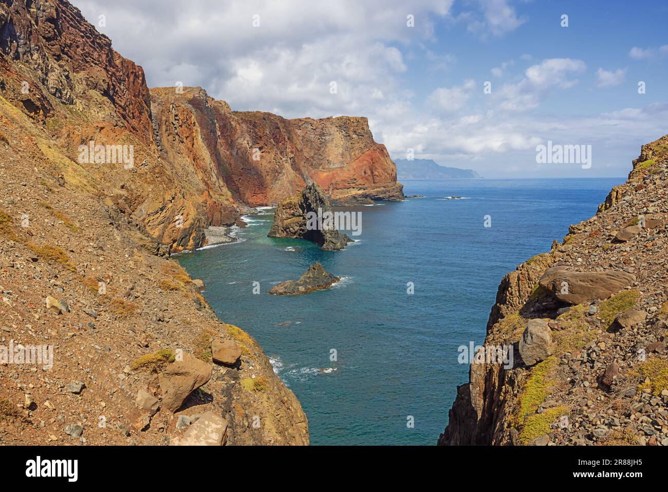 Brown and red cliffs at the Ponta de Sao Lourenço, the most eastern tip ...