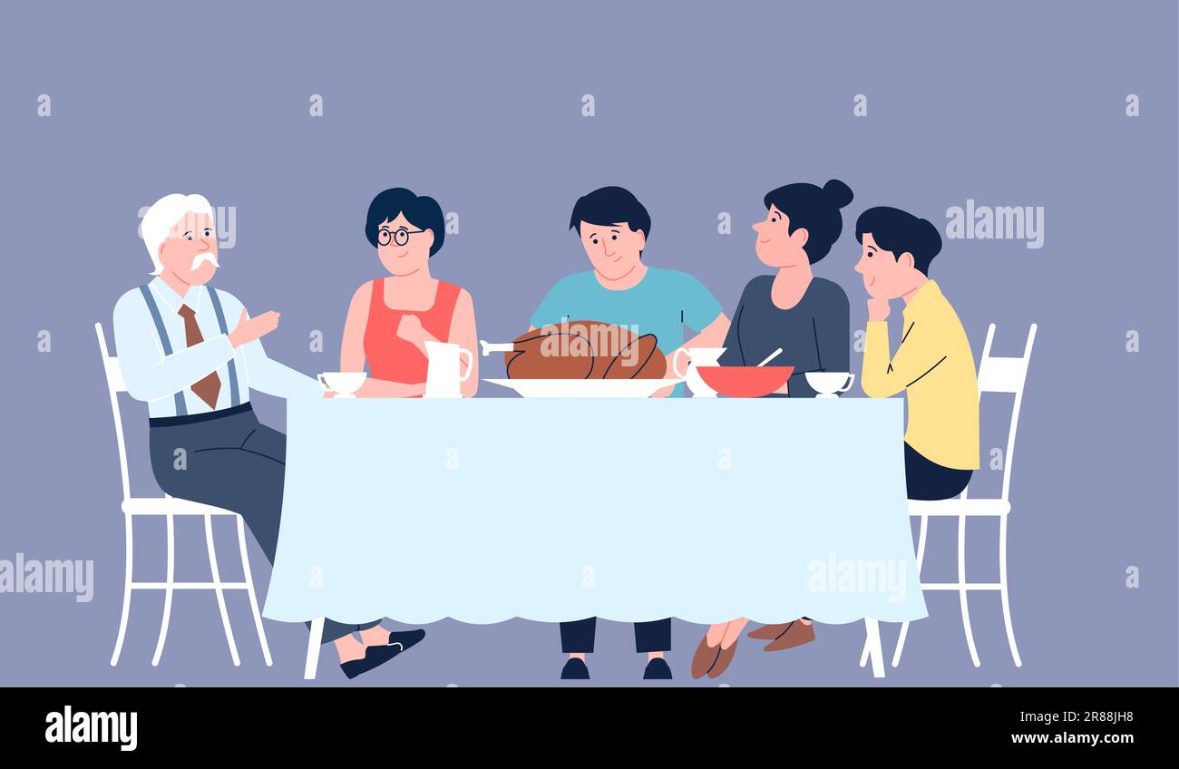 Thanksgiving dinner with family and turkey. People sitting at table ...