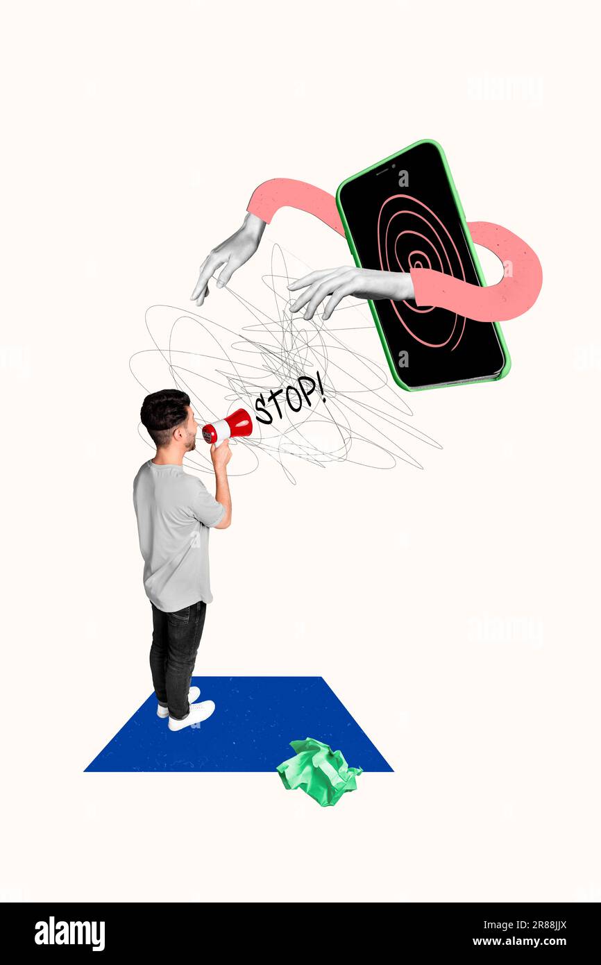 Vertical collage image of mini guy hold loudspeaker say tell stop ...