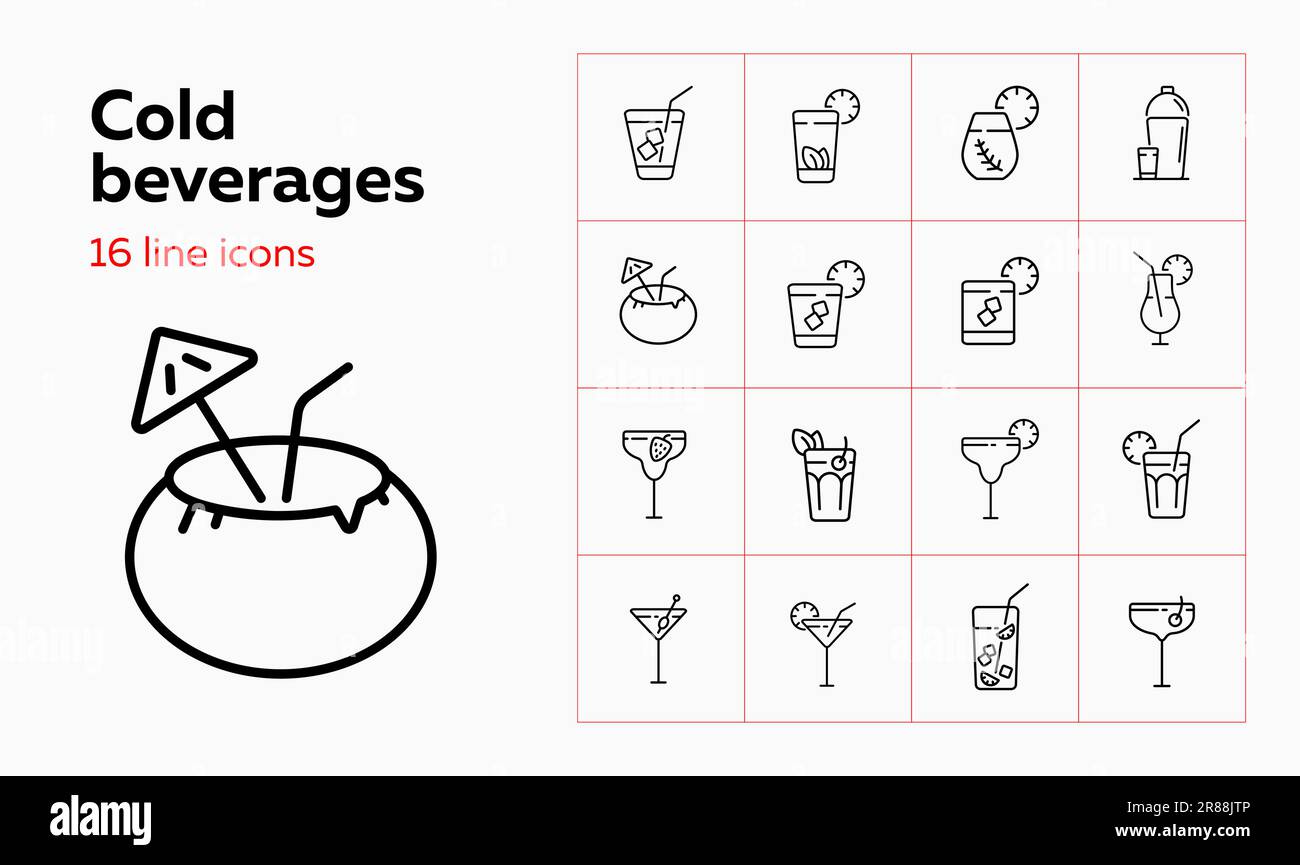 Cold beverages line icon set. Cuba Libre, lemonade, ice tea. Drink ...