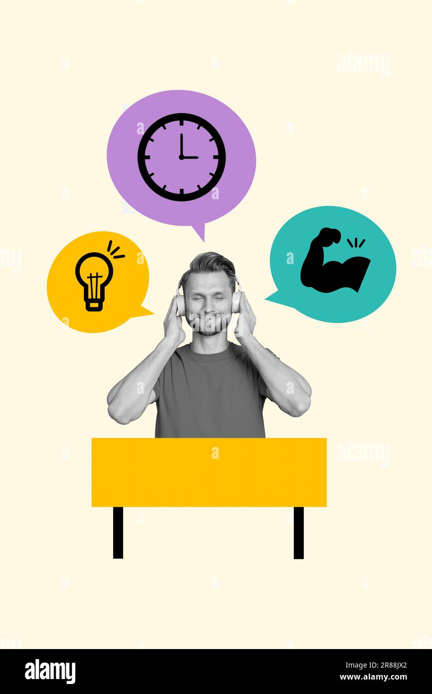 Poster picture image collage artwork of dreamy positive guy sitting ...