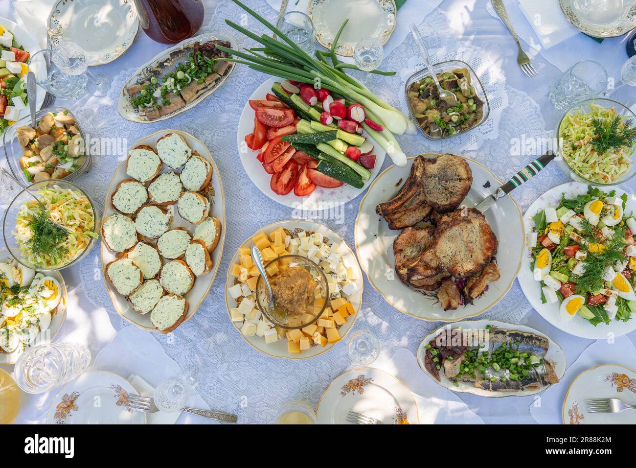 Top of view full table of ukrainian meals on the table for eat. Table ...