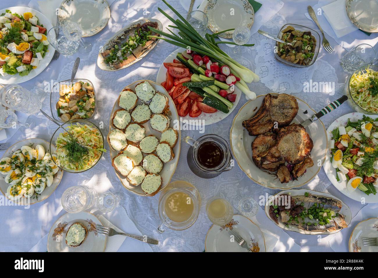 Top of view full table of ukrainian meals on the table for eat. Table ...