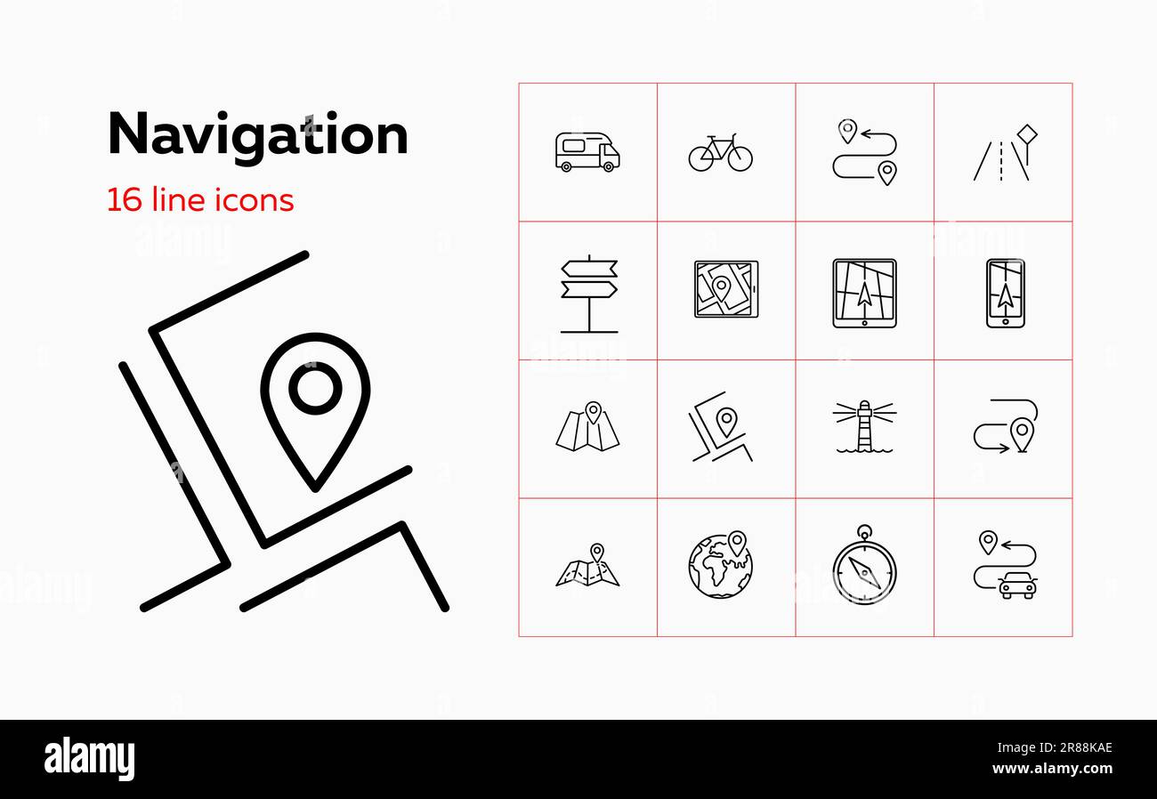 Navigation line icon set. Camper van, gps app, light house. Travel ...