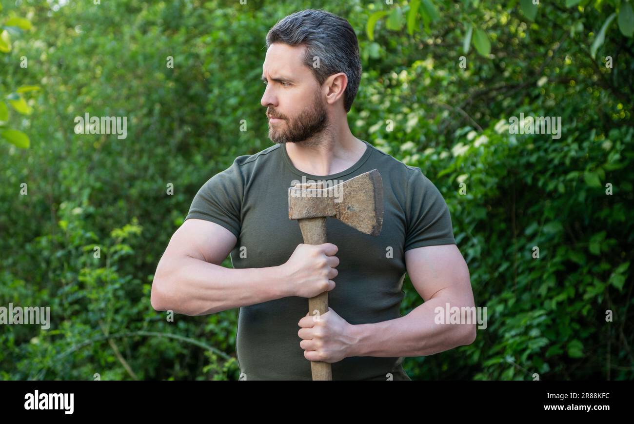 masculine man with ax outdoor. mature man with ax. man with ax. man ...