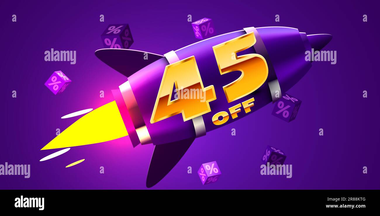 45 percent Off. Discount creative composition with rocket. Mega Sale ...