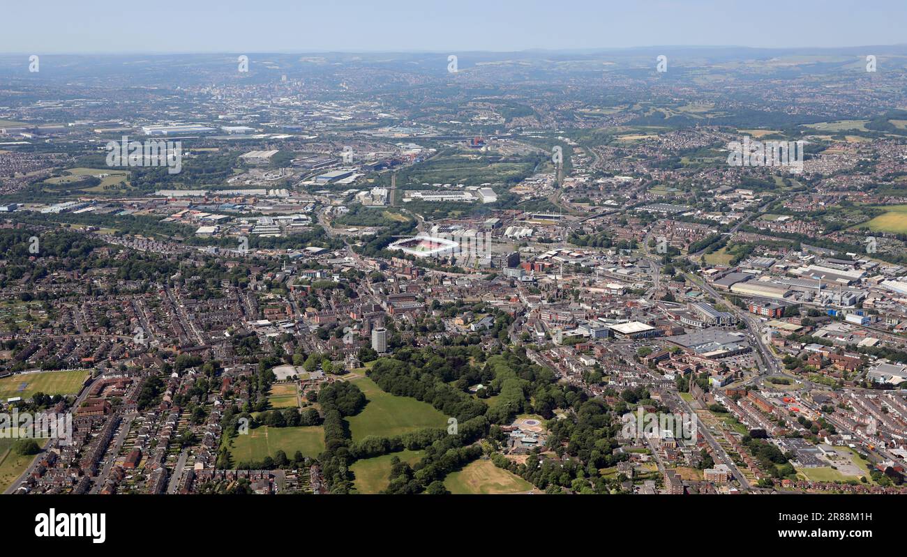 aerial view of Rotherham with Sheffield way off in the distance, South ...
