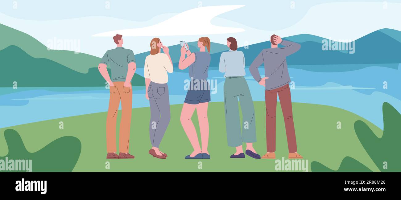 Friends on nature. Young adults group looking on mountains and lake ...