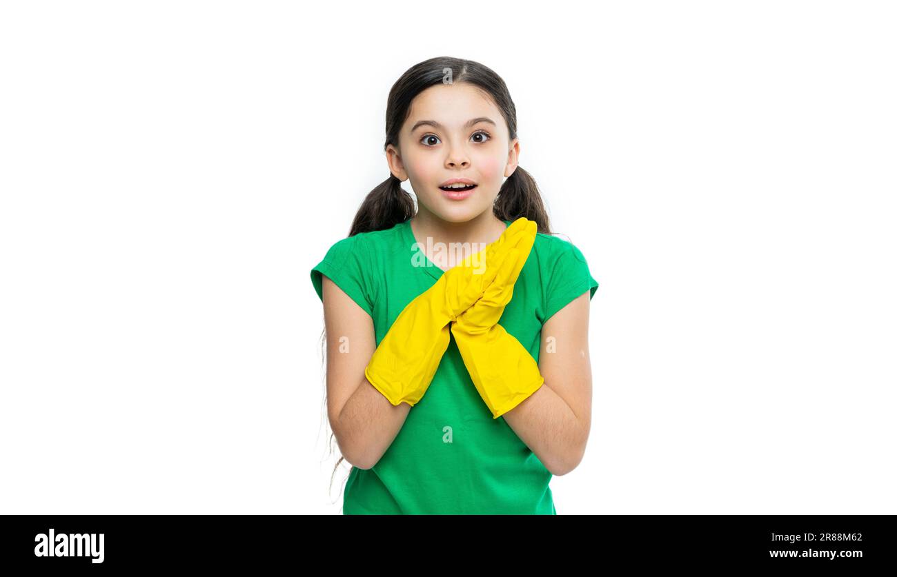 girl cleaner housekeeping in gloves isolated on white. girl cleaner ...