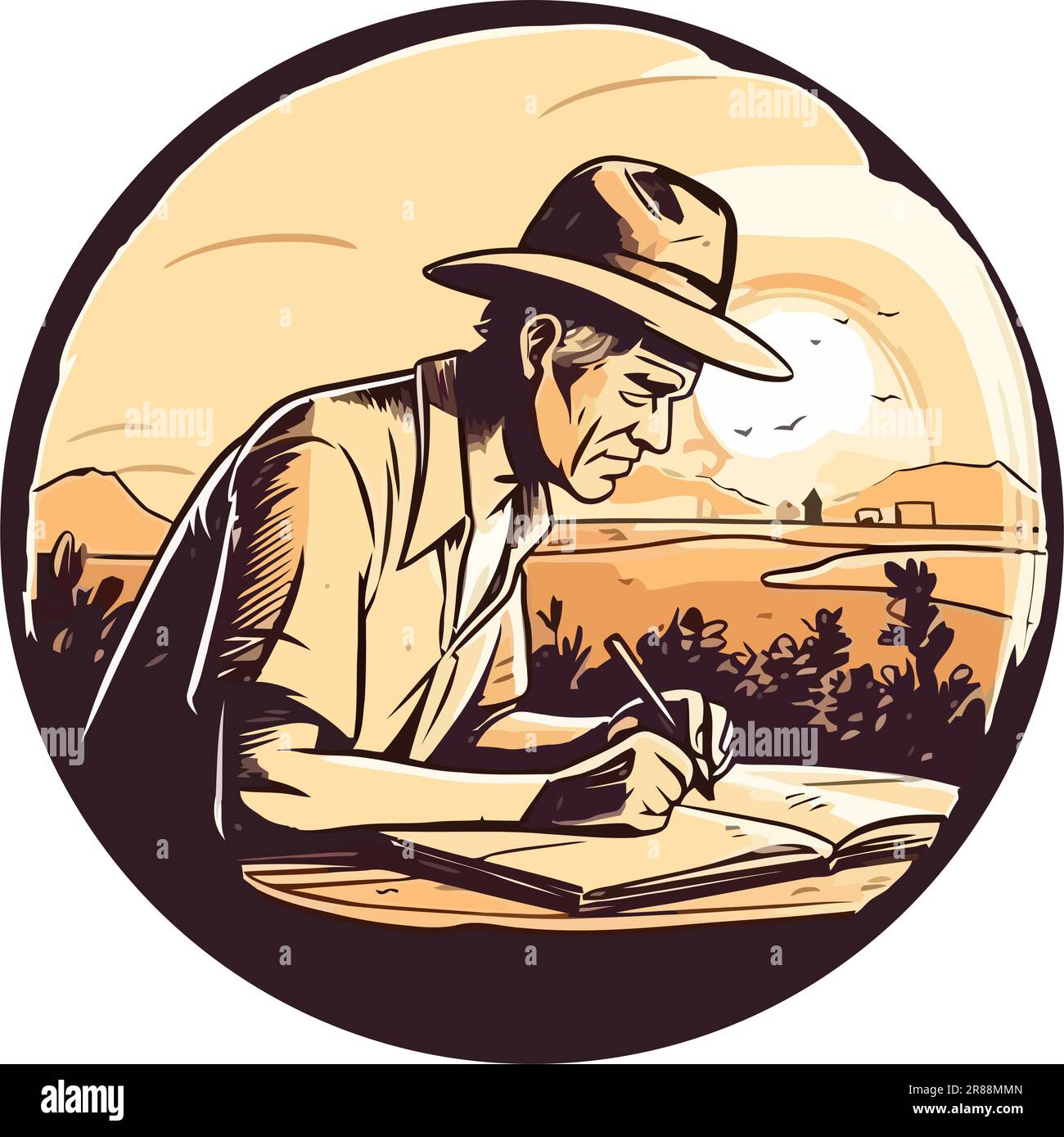 A farmer sitting, writing a pad outdoors Stock Vector Image & Art - Alamy