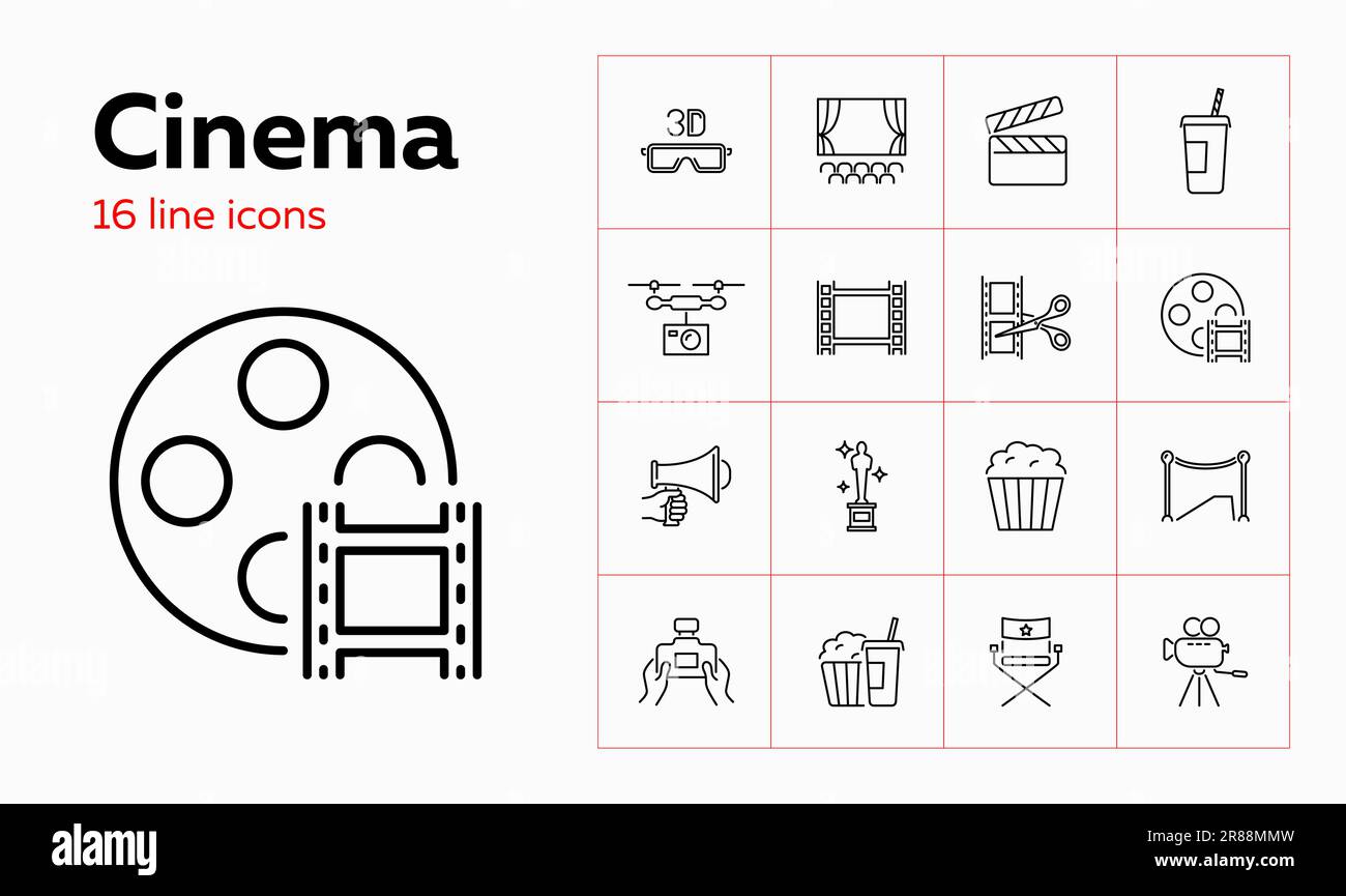 Cinema line icon set. 3D glasses, popcorn, clapper board. Movie ...