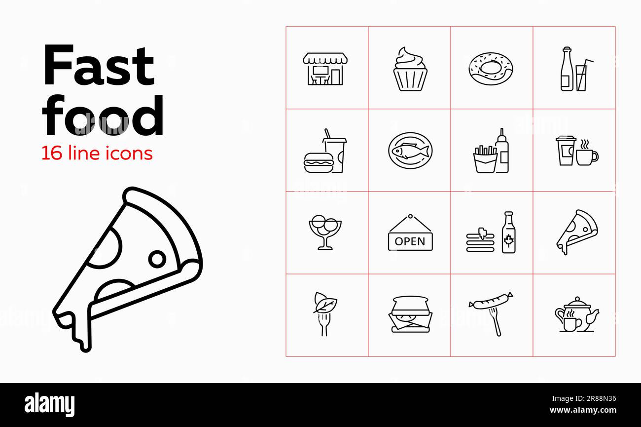 Fast food line icon set. Cupcake, sausage, fish. Eating concept. Can be ...