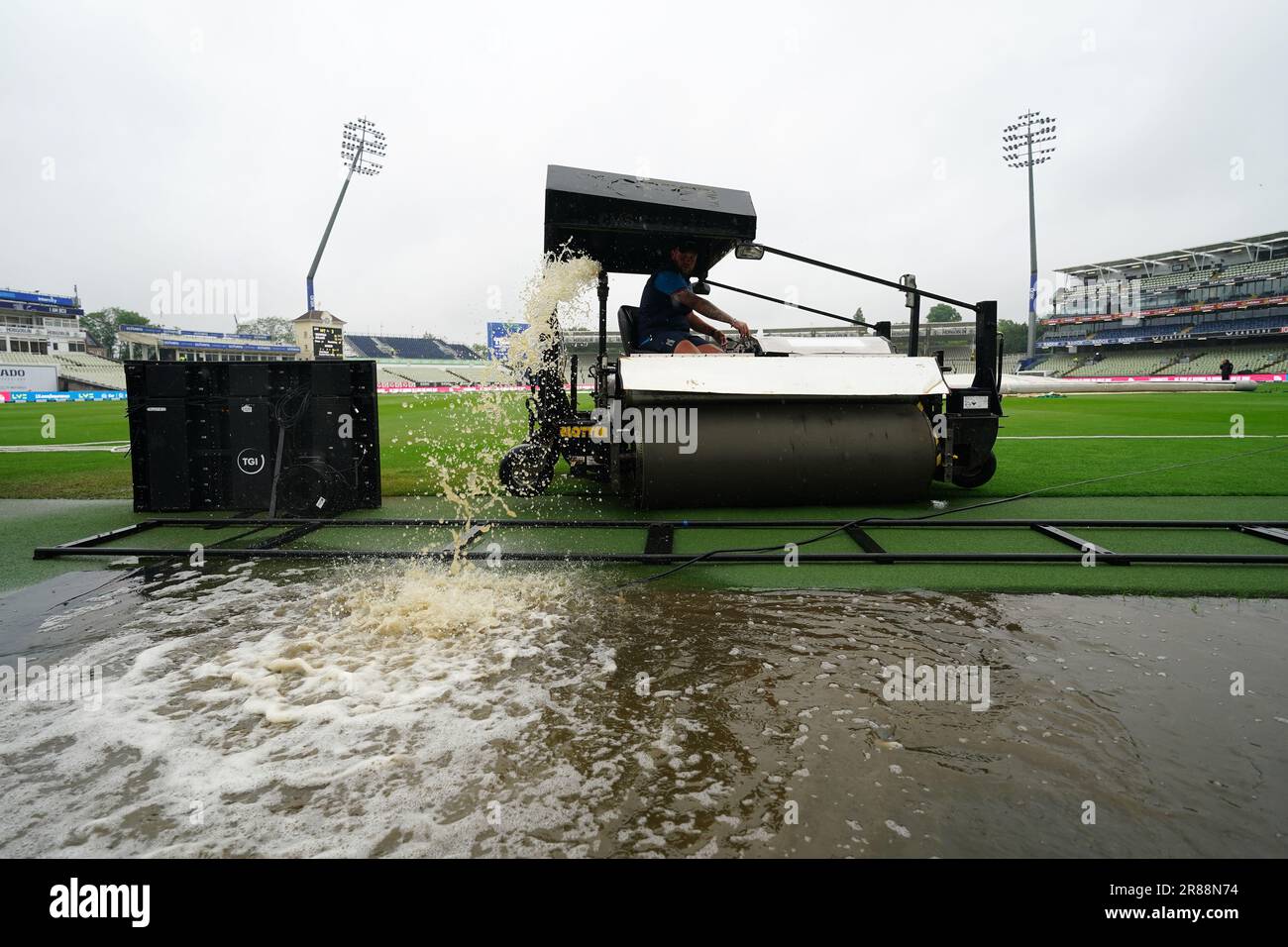 A Super Sopper clears water from the pitch ahead of day five of the ...