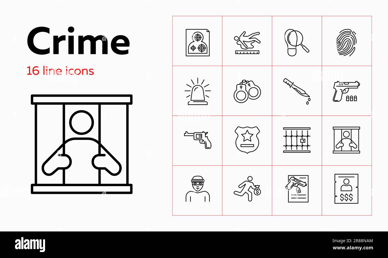 Crime line icon set. Prisoner, robber, gun. Law concept. Can be used ...