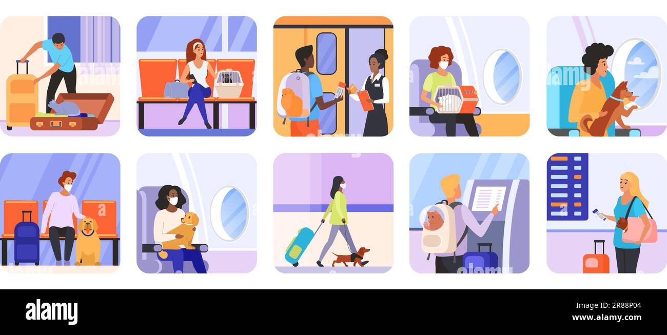 People travel with pets set vector illustration. Cartoon life scenes ...