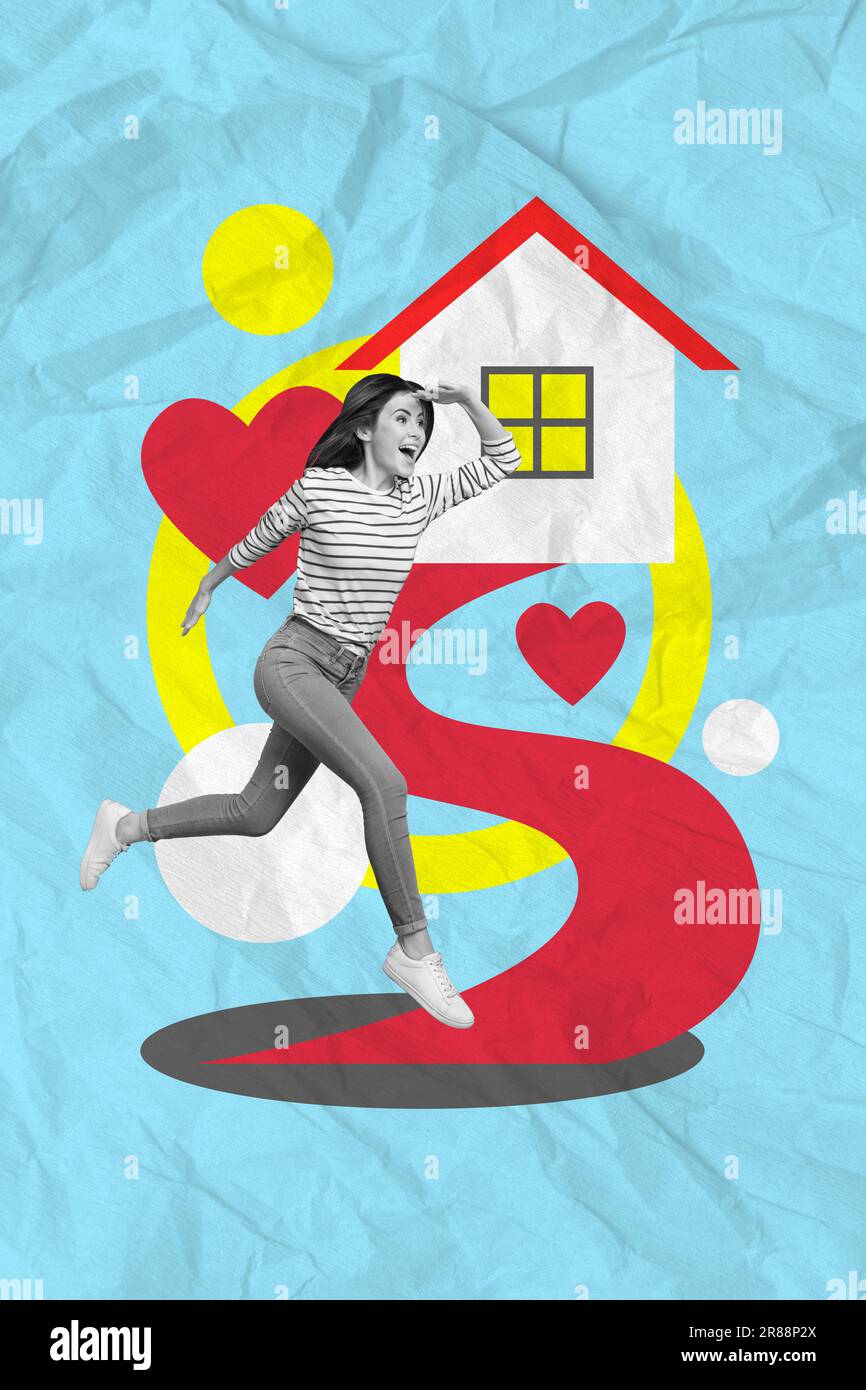 Vertical collage of positive black white colors girl look away far run ...