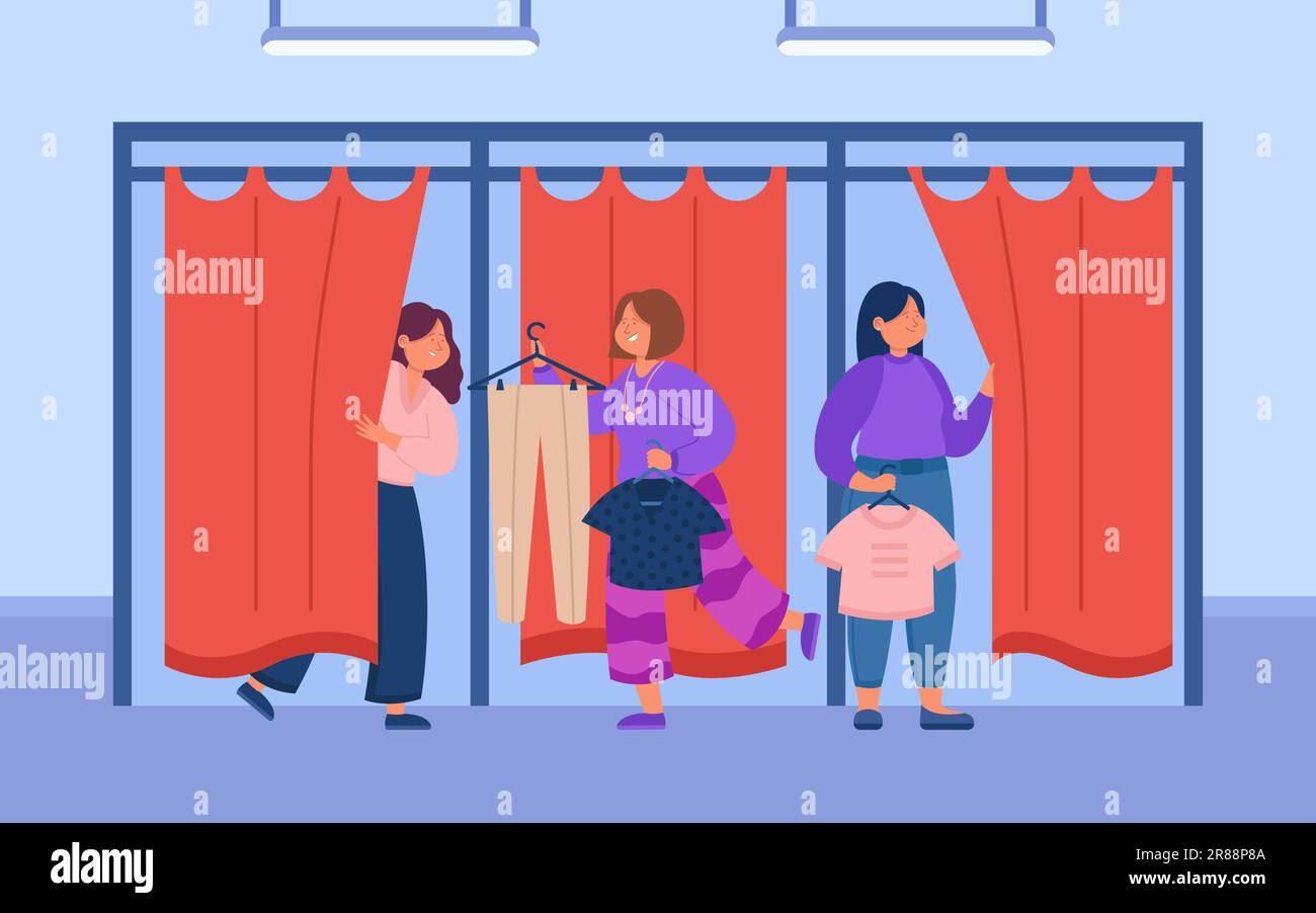 Happy cartoon girl bringing clothes to fitting room Stock Vector Image ...