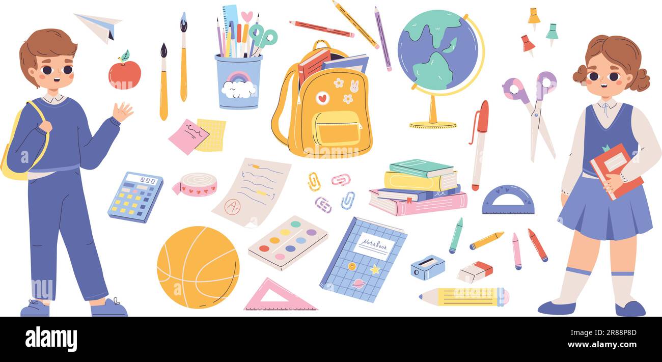 Study collection, back to school elements. Cute cartoon kid, stationery ...