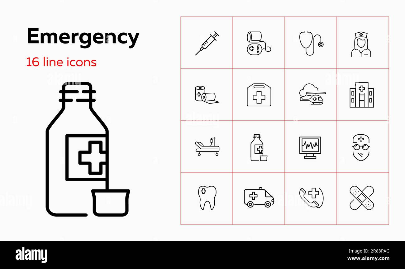 Emergency line icon set. Syringe, helicopter, ambulance. Medicine ...