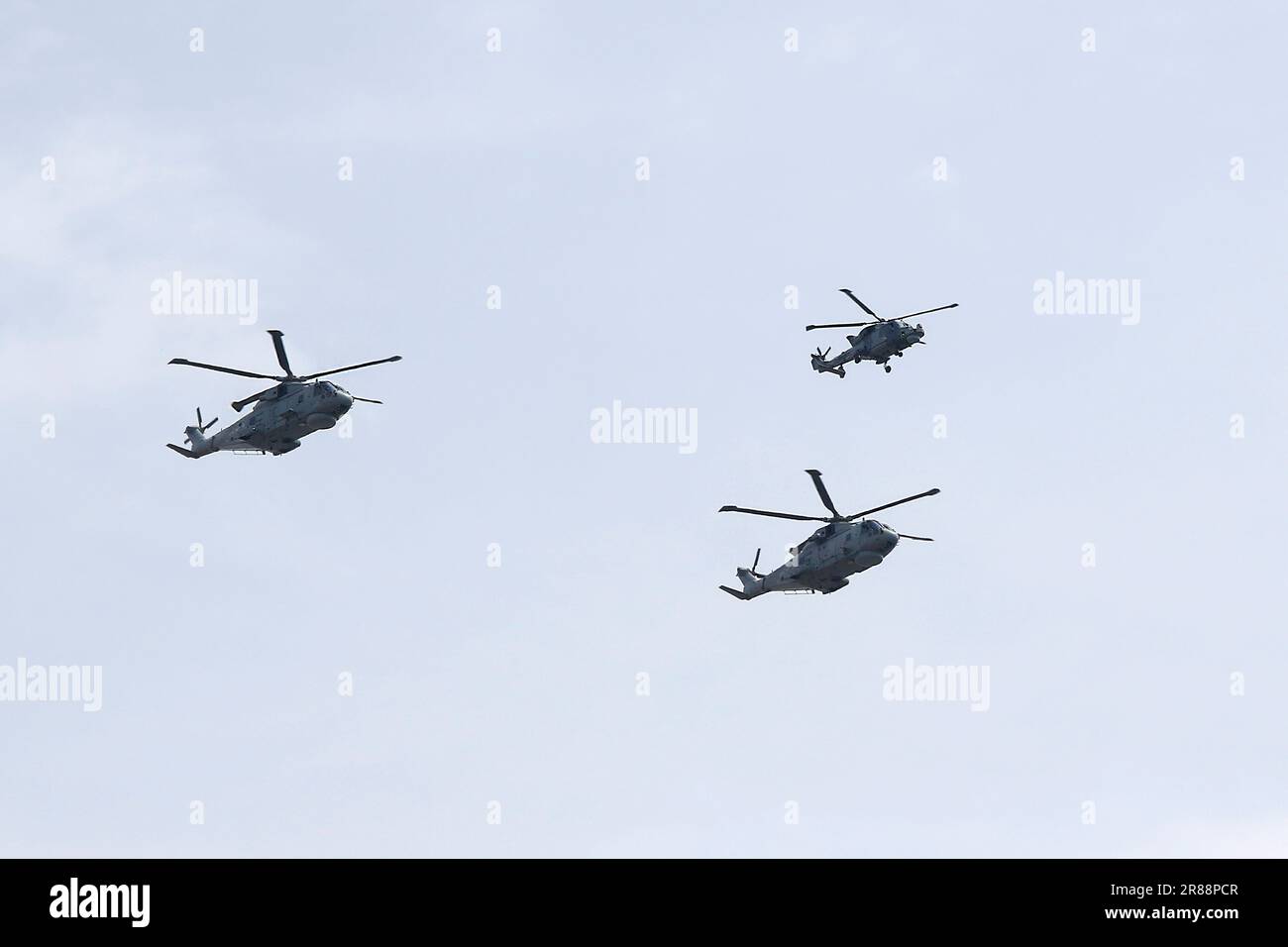 Military helicopters taking part in the Trooping of the Colour flypast ...