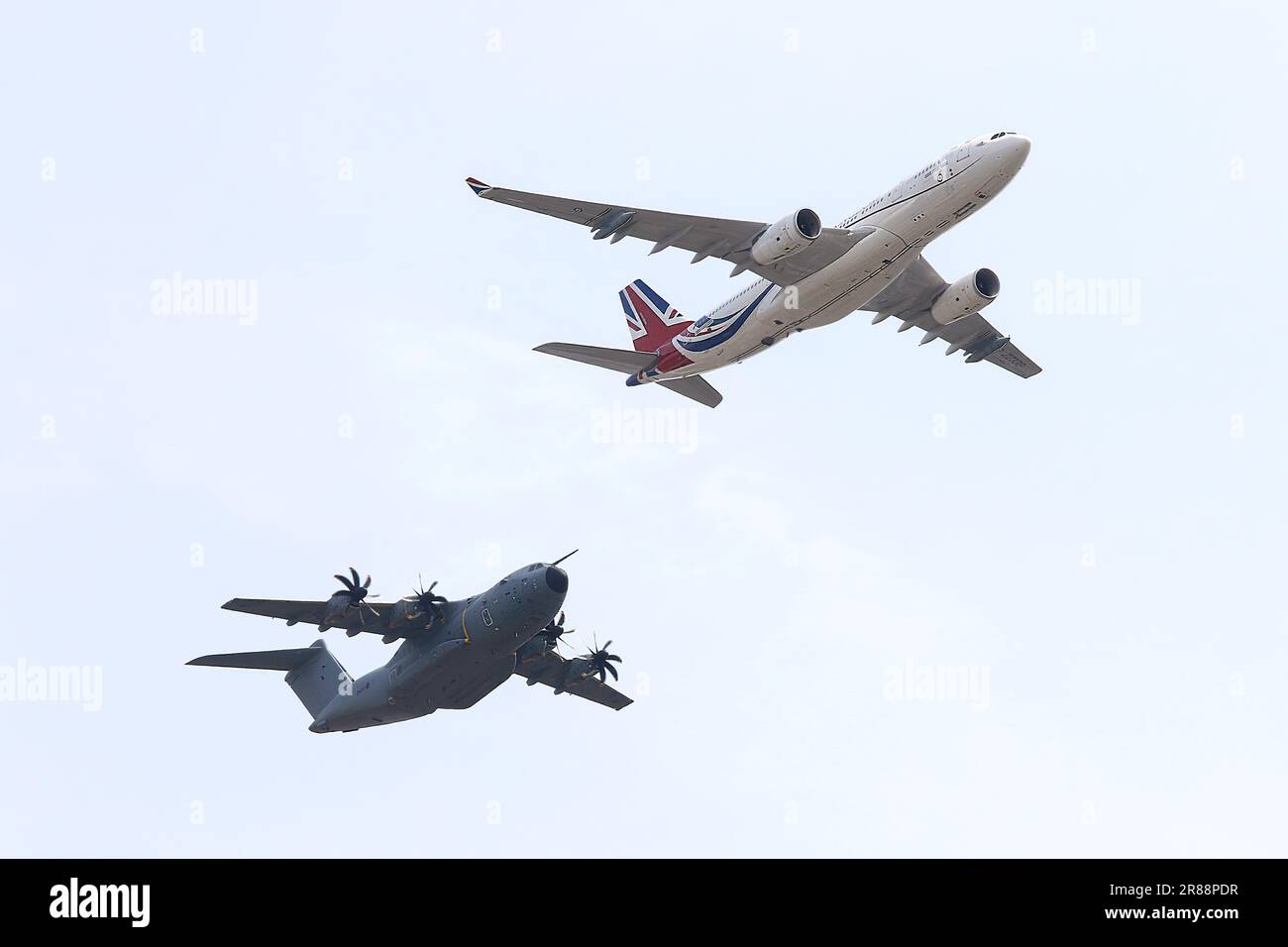 A Voyager (right) and A400M aircraft taking part in the Trooping of the ...
