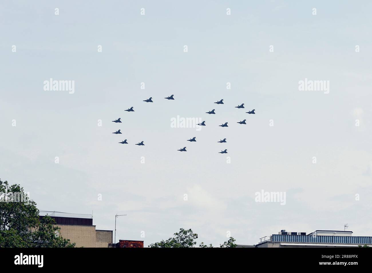 Eighteen Eurofighter Typhoon aircraft in formation spelling out CR ...