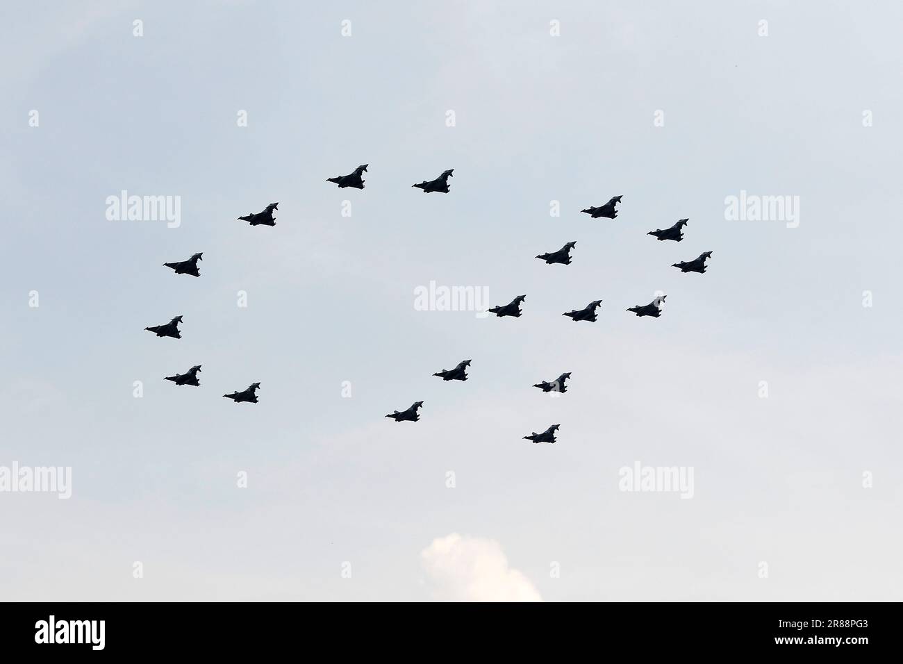 Eighteen Eurofighter Typhoon aircraft in formation spelling out CR ...