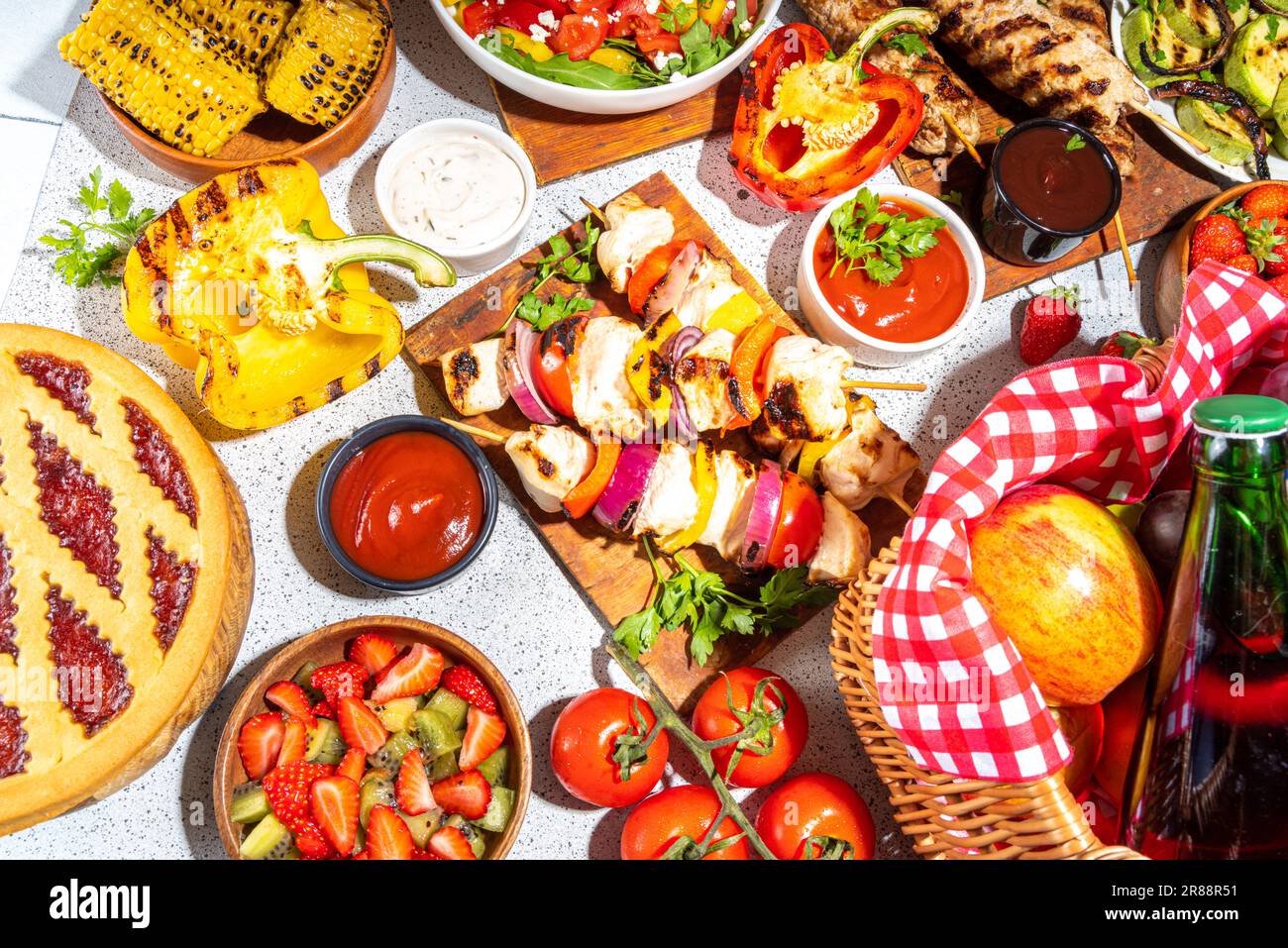 Various picnic barbeque food and drink flatlay. Summer bbq picnic food ...