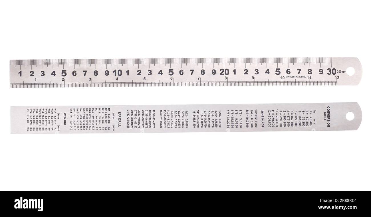 Metal Ruler with Conversion table isolated on white background Stock ...