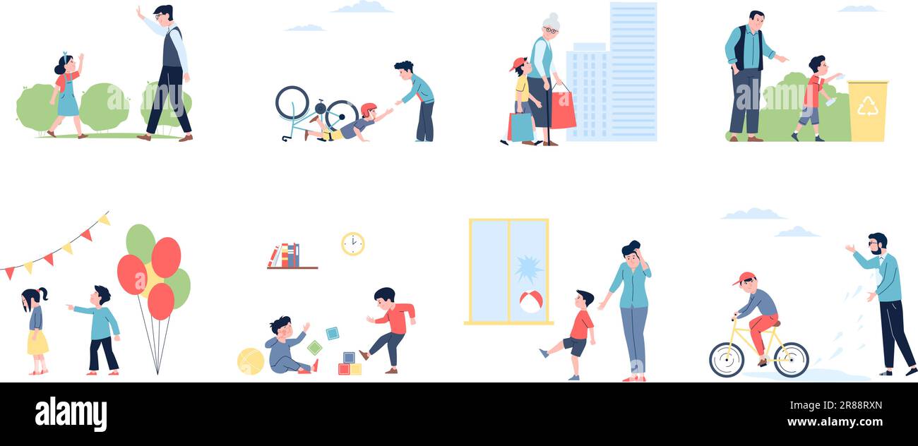 Bad behavior kids and broken friendship. Polite and aggressive, teasing ...