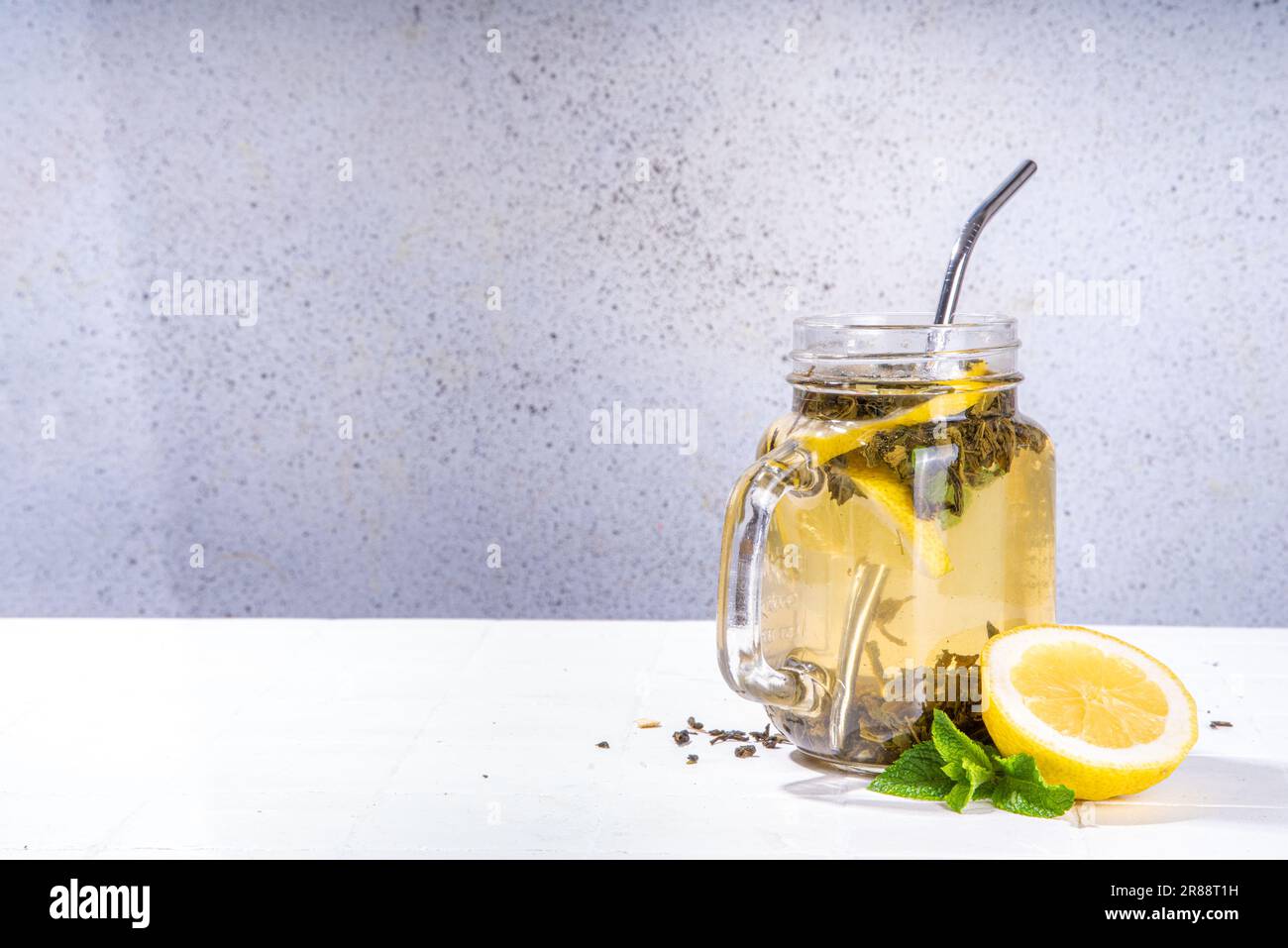 Homemade cold brew tea. Set of various healthy summer drink, cold slow ...