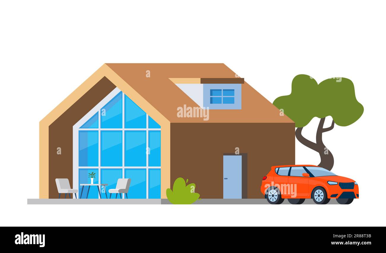 Beautiful modern house with car. Luxury villa exterior, country cottage ...