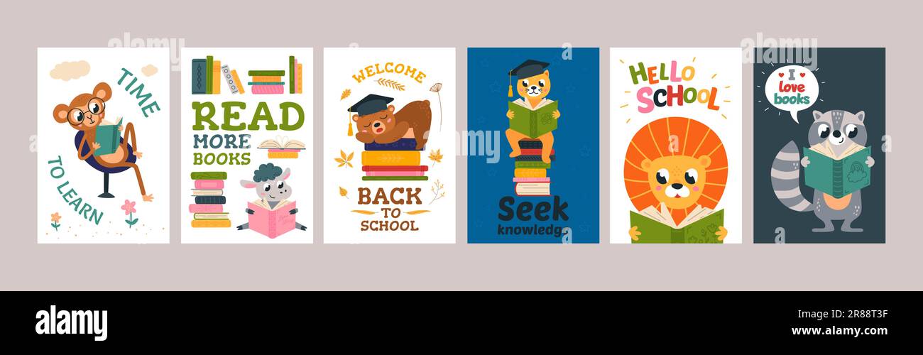 Back to school animal cards. Autumn children printable banner, reading ...