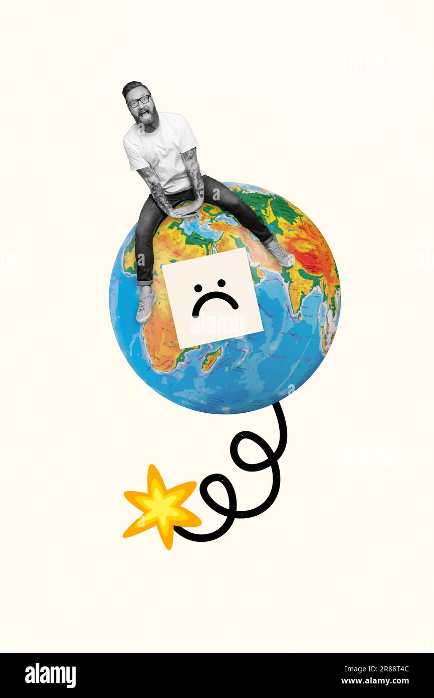 Artwork magazine collage picture of shocked sad guy flying exploding ...