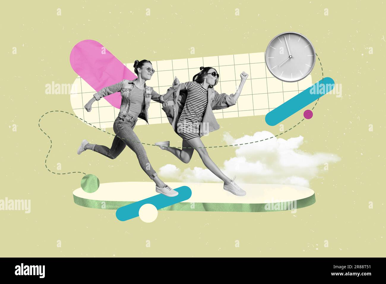 Collage competition of two girls running fast speed hurry up way timer ...