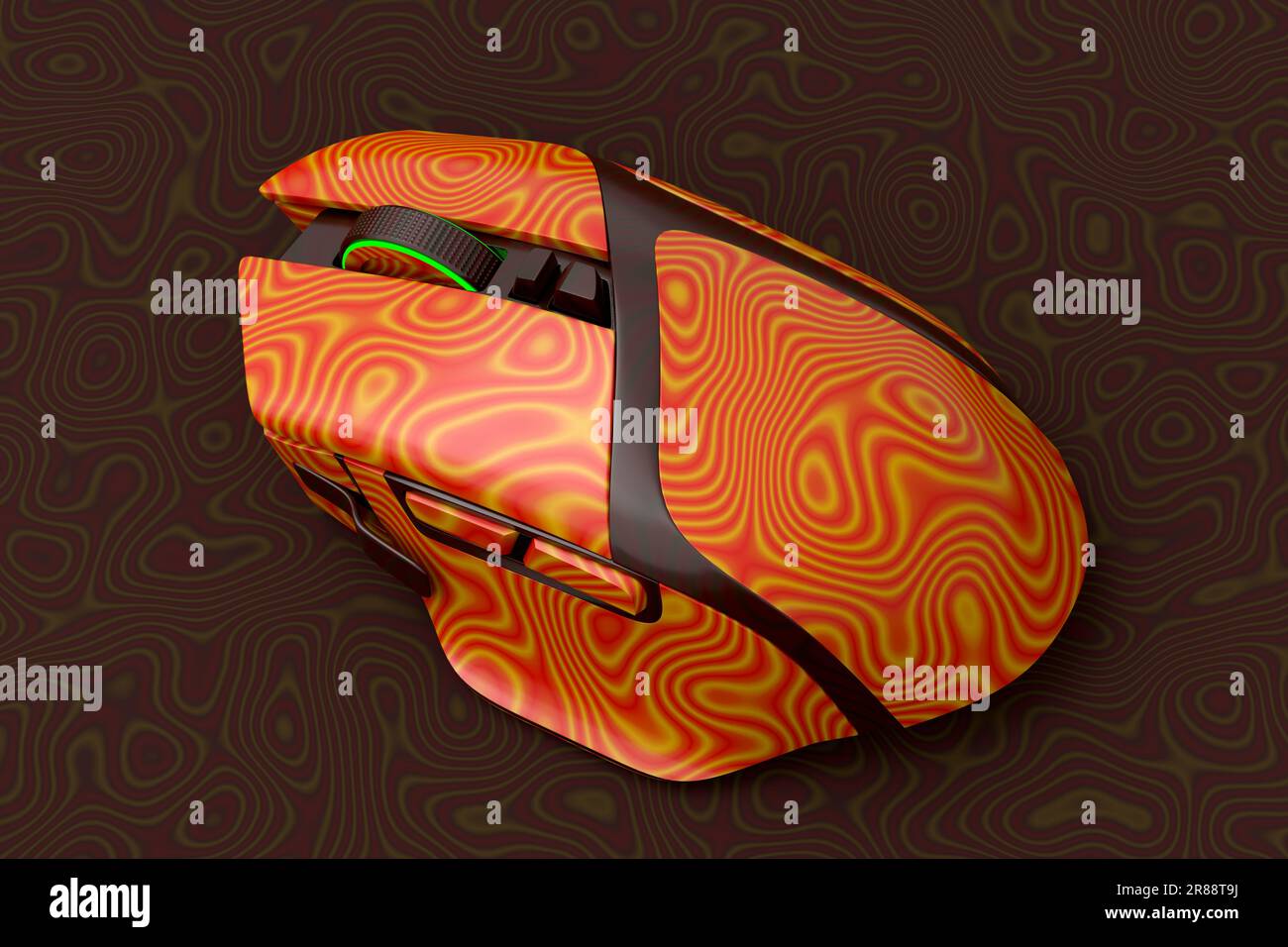 Wireless gaming computer mouse with seamless wavy pattern on dark ...