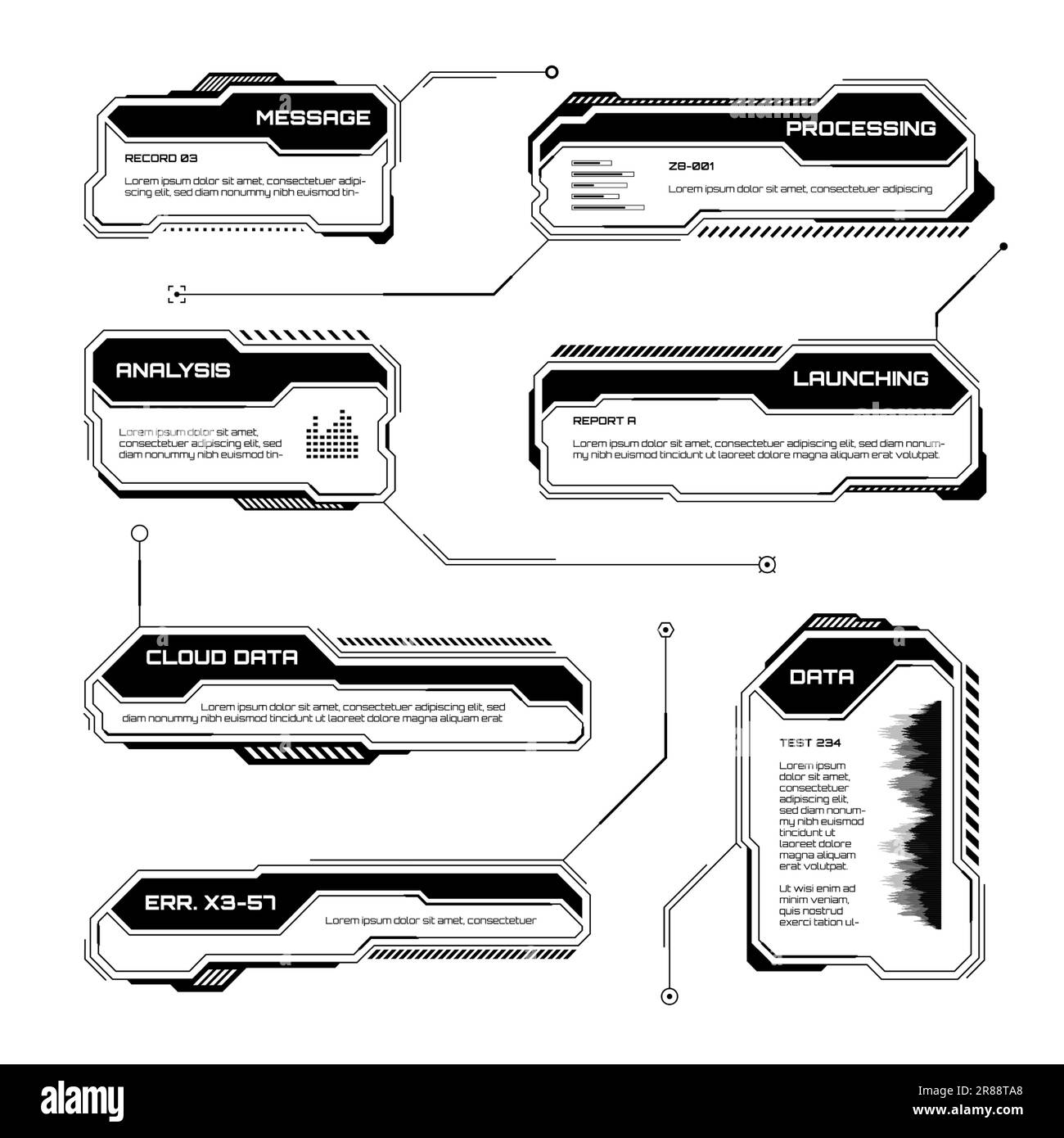 Black futuristic HUD, UI elements. Sci-fi user interface text boxes ...