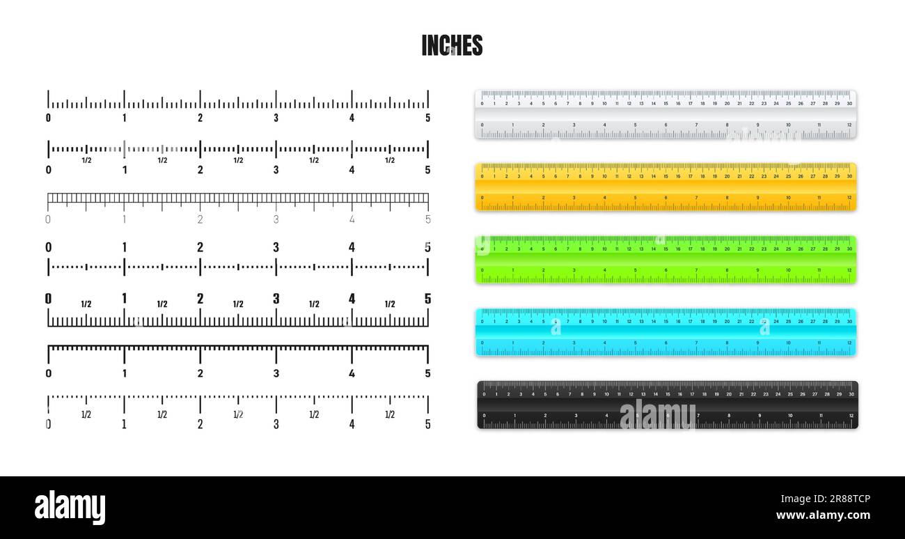 Realistic plastic rulers with black inch scale for measuring length or ...