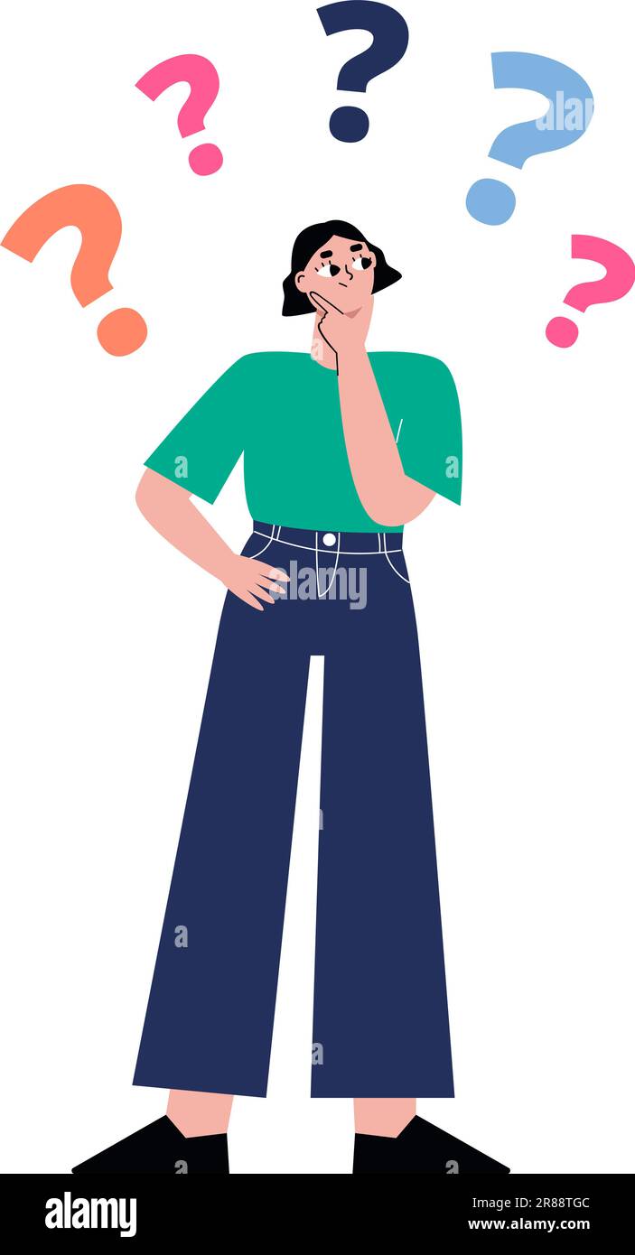 Confused young girl with question marks. Curious thoughtful person ...