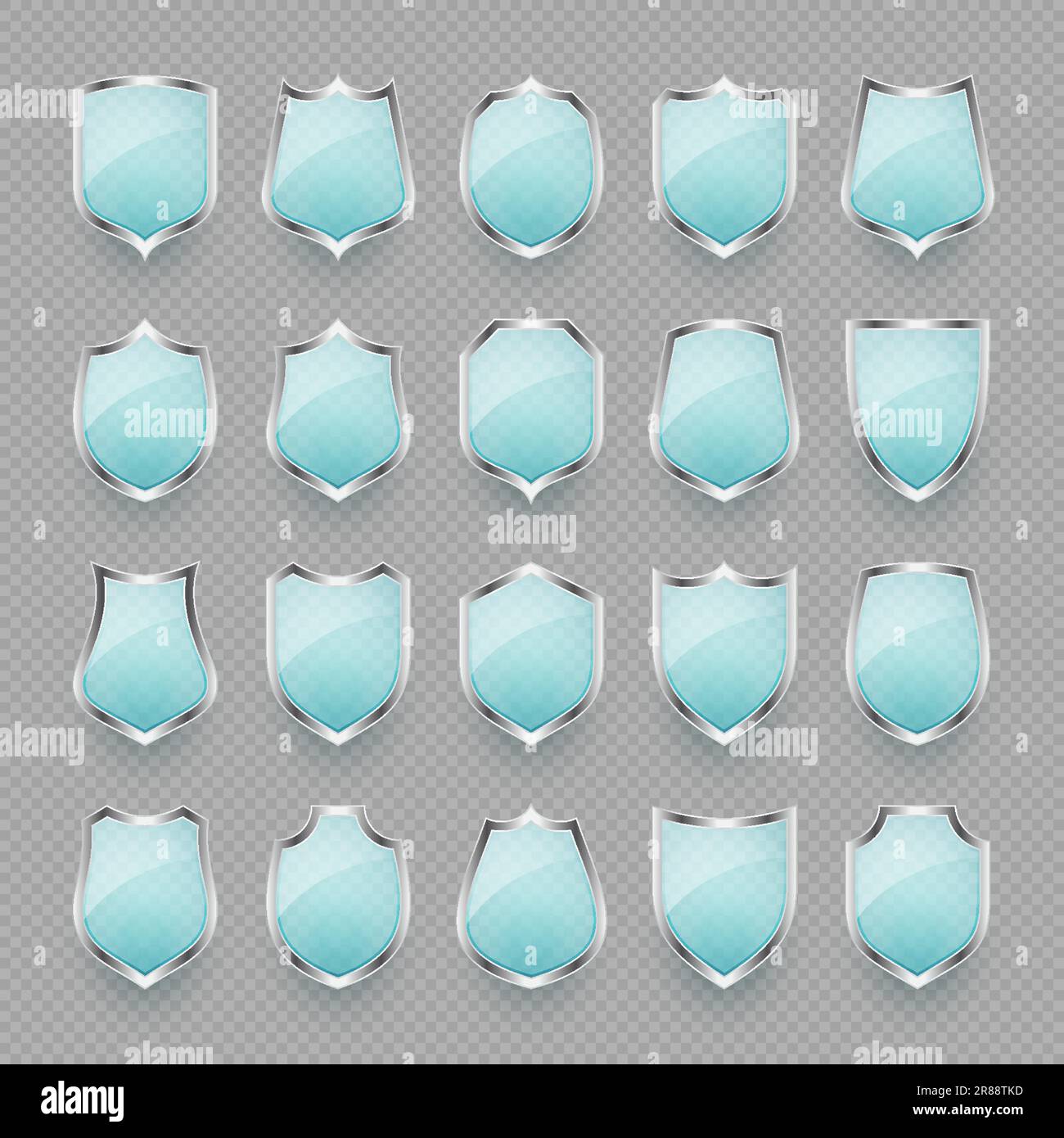 Set of vintage glass 3d shield icons. Blue heraldic shields. Black ...