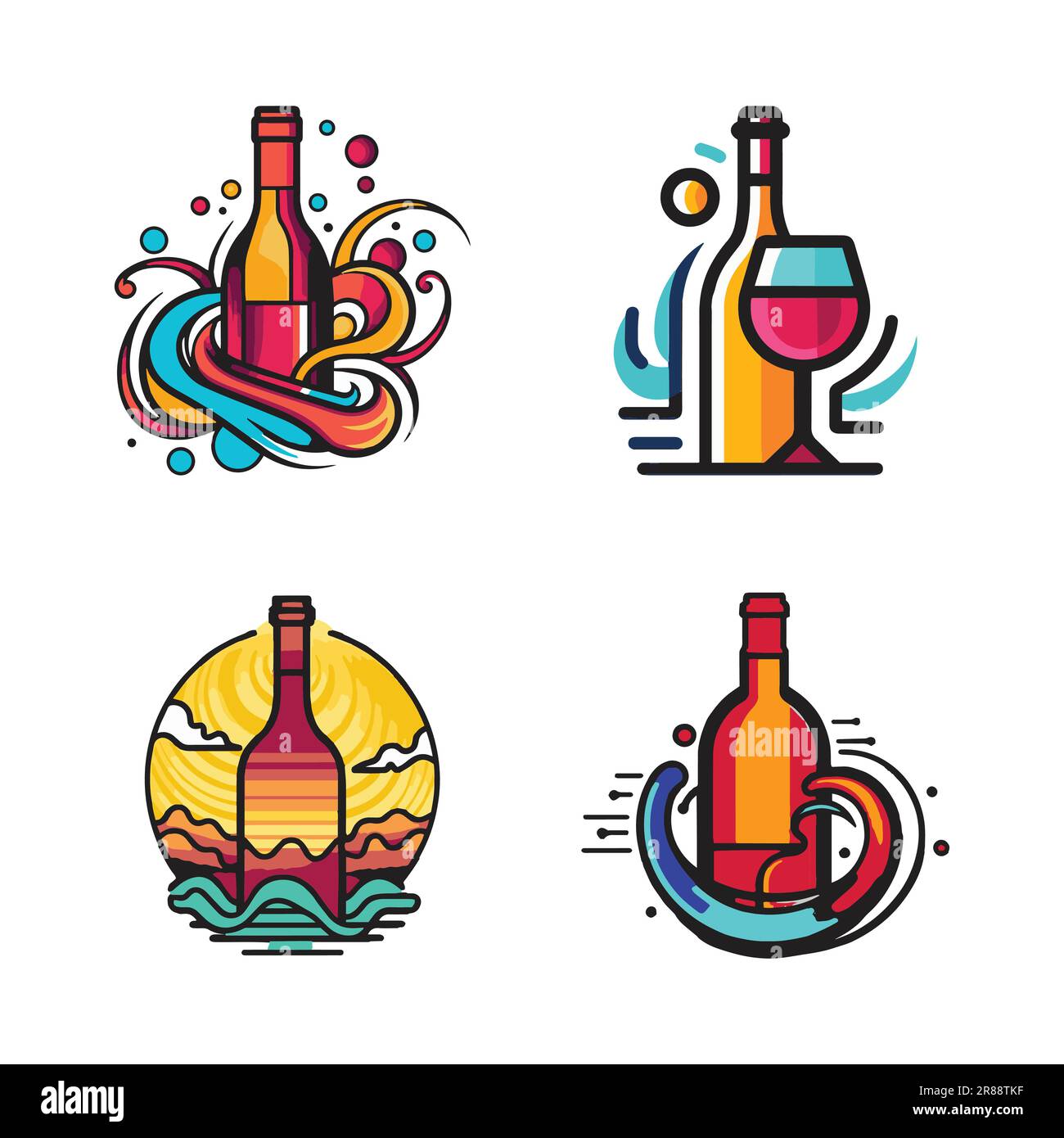 Hand Drawn vintage wine bottle logo in flat line art style isolated on ...