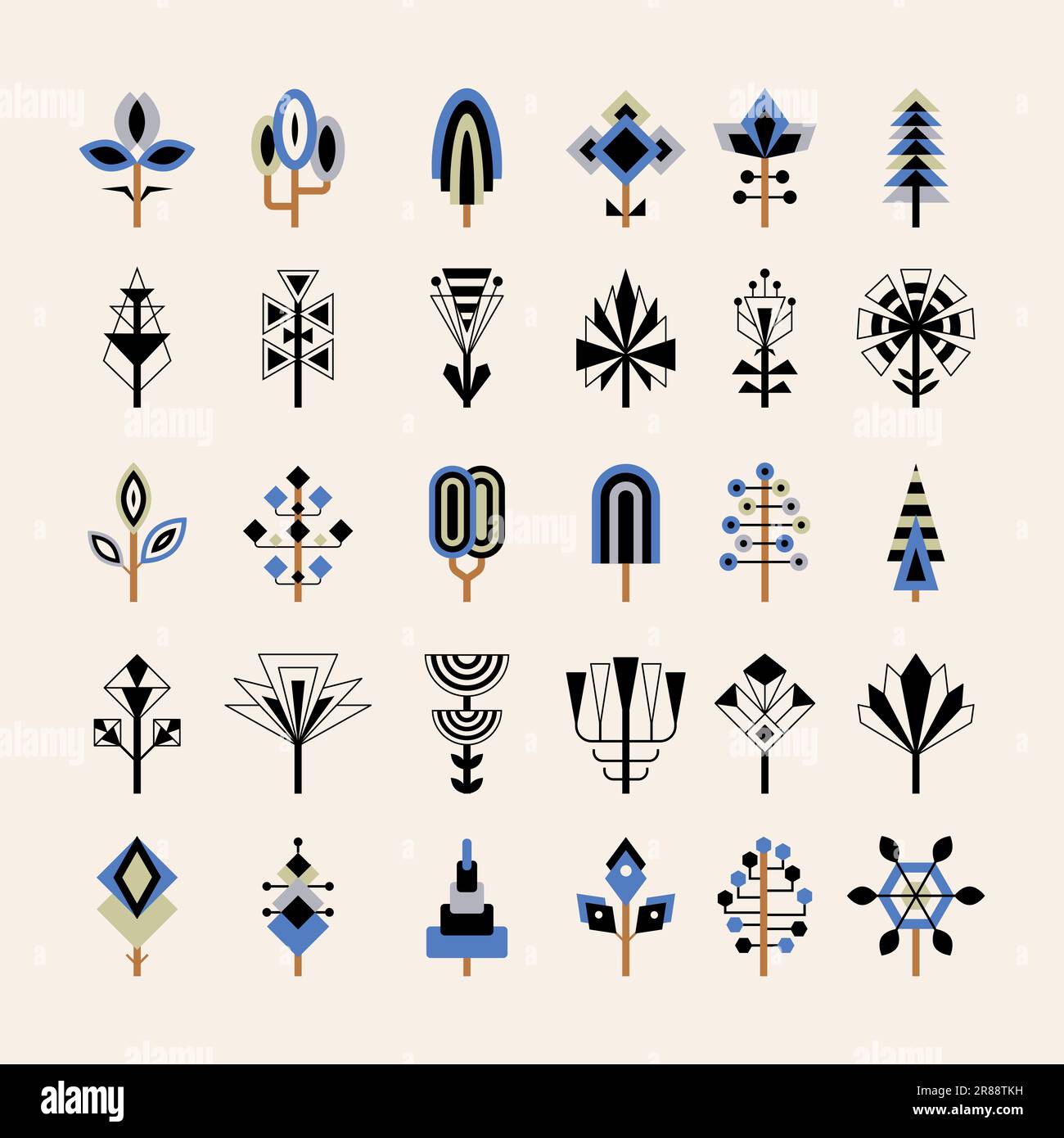 Geometrical plants. Trees bushes leaves flowers different shapes recent ...