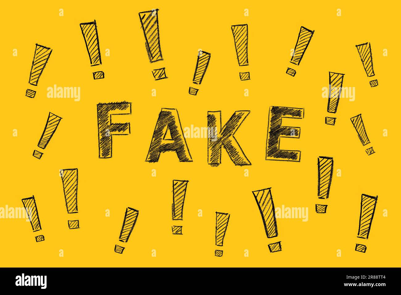 The word FAKE and exclamation marks written on yellow background ...