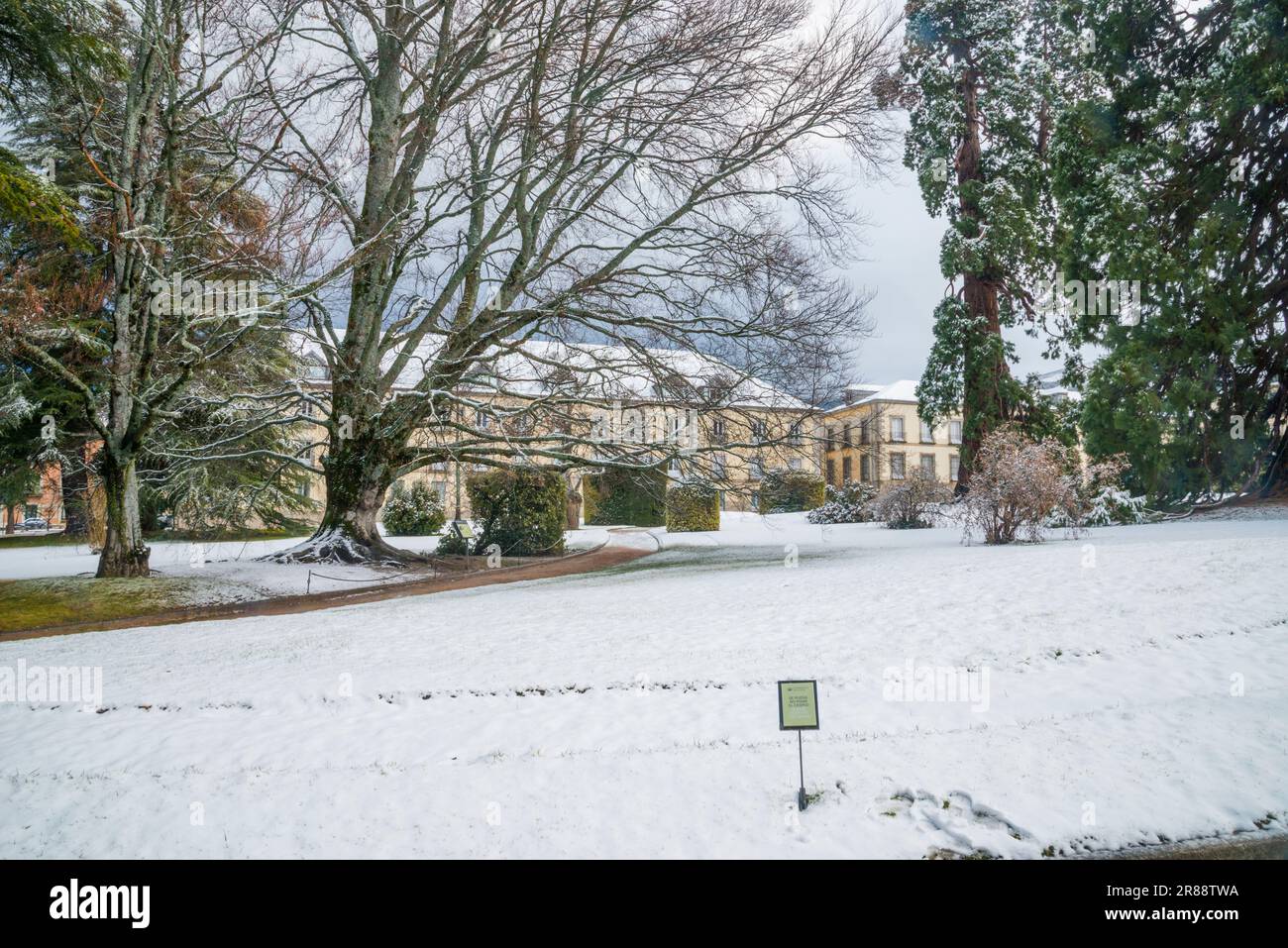 Snow covered gardens. La Granja de San Ildefonso, Segovia province ...