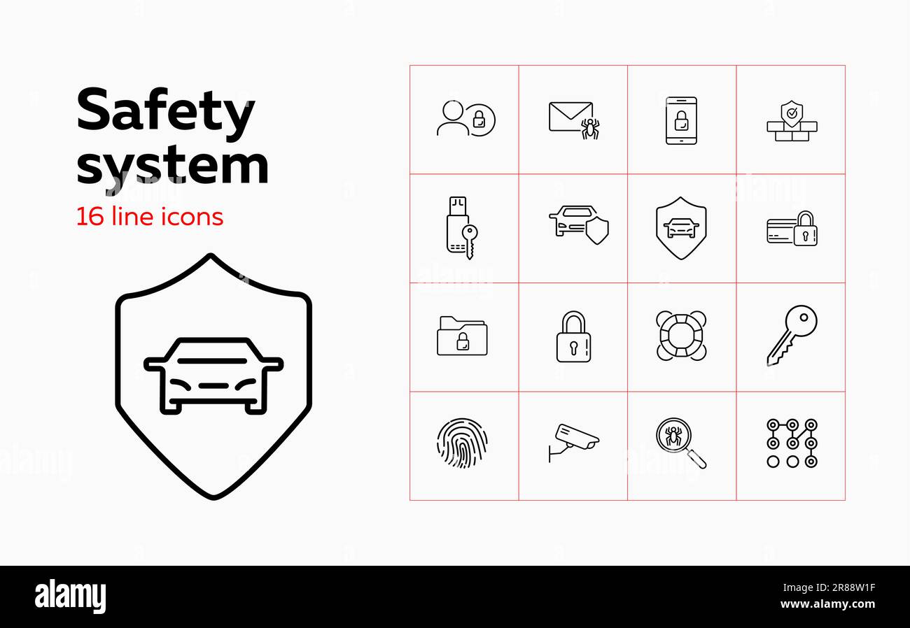 Safety system line icon set. Car, shield, lock Stock Vector Image & Art ...