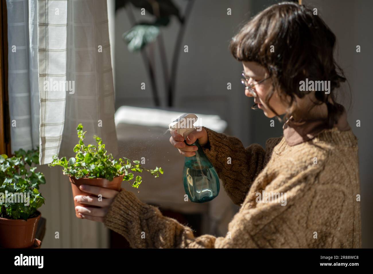 Teenage girl taking care of houseplants at home, misting leaves of ...