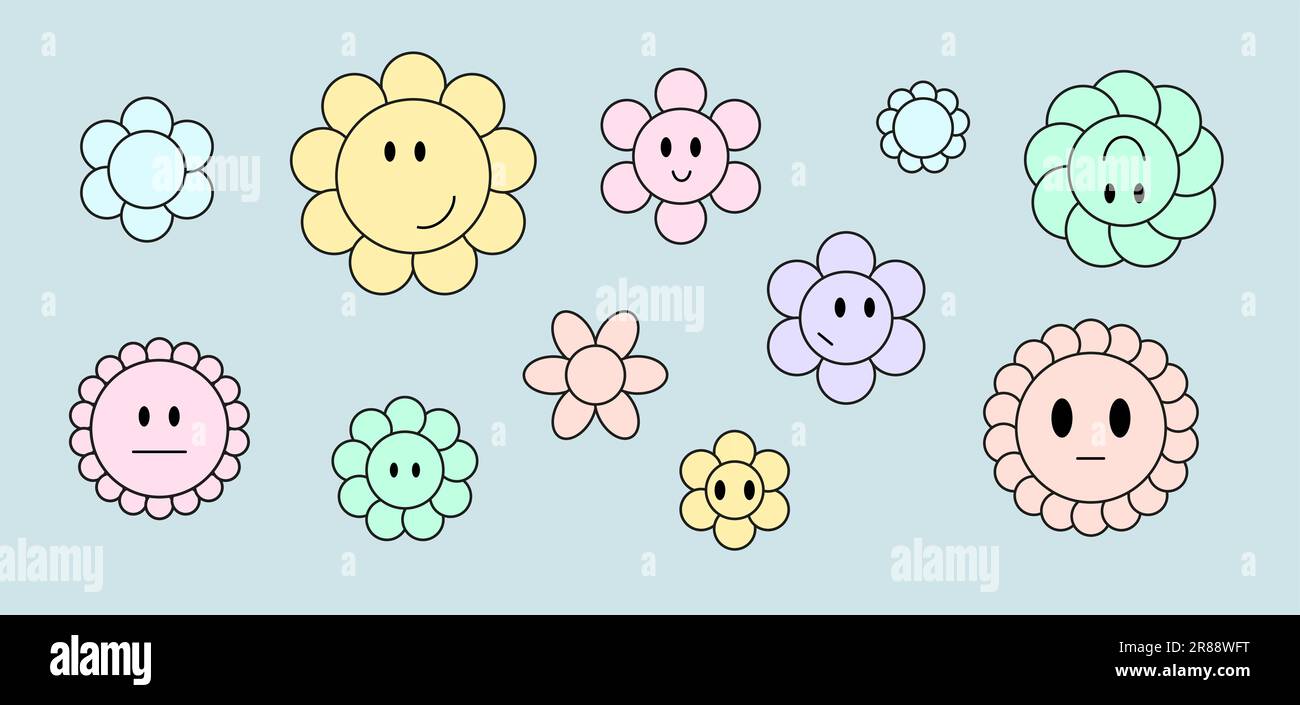 Abstract flowers faces, decorative chamomile or daisy characters. Retro ...