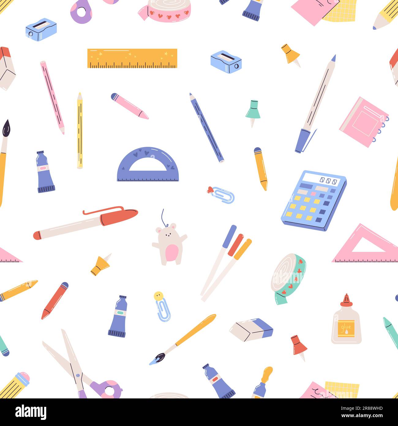 Cartoon school tools and stationery seamless pattern. Calculator, pen ...